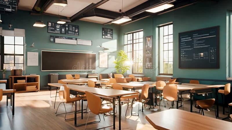 Interior of Modern Empty High School Classroom with Tables and Chairs ...