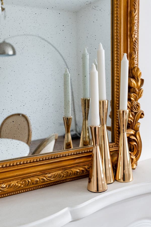 White Living Room with Classic Decor, Mirror, Fireplace, Dining Table ...