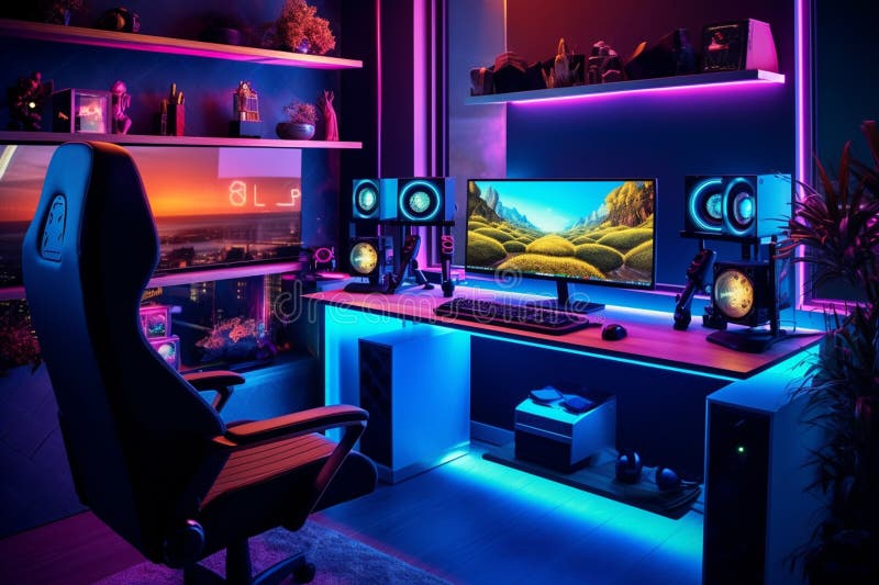 Interior of a Modern Gaming Room with a Lot of Computer Equipment Neon ...
