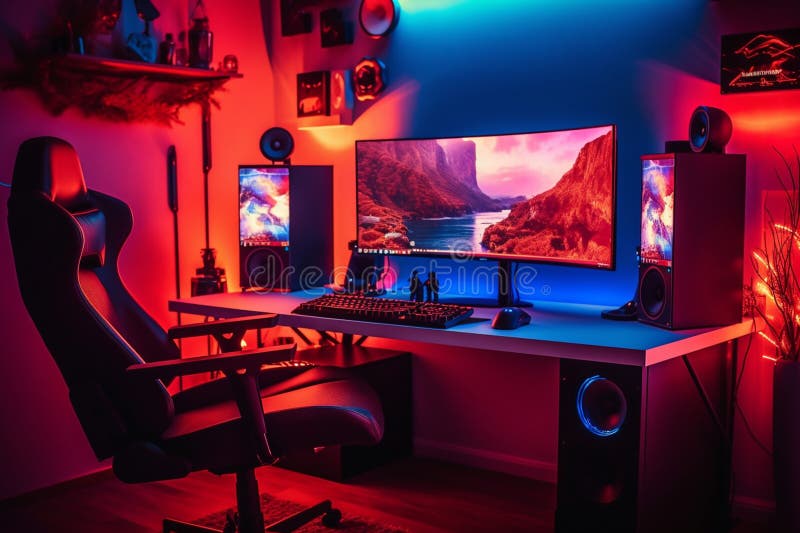 Interior of a Modern Gaming Room with a Lot of Computer Equipment Neon ...