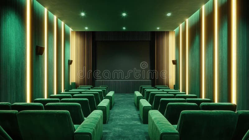 Interior of a Modern Green Home Theater with Rows of Seats and Screen ...