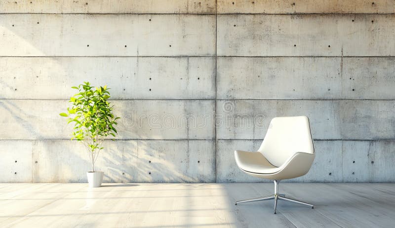 The Interior of a Modern Home Has a White Chair Facing a Concrete Wall ...