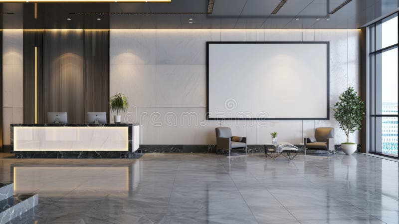 Interior of Modern Hotel Lobby with Reception Desk and Blank Poster ...