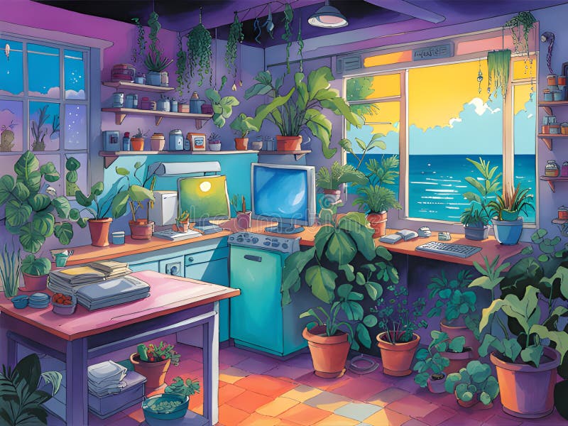 Interior of Modern House with Plants, Computer and Windows ...