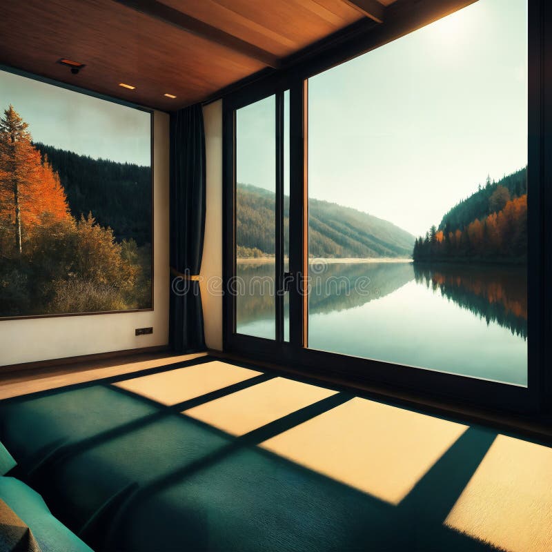Interior of a Modern House, Window Overlooking the Lake and Mountains ...