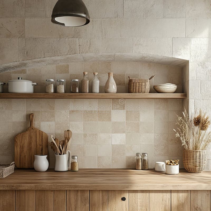 Interior of Modern Kitchen with Beige Tile Wall, 3d Render Stock ...