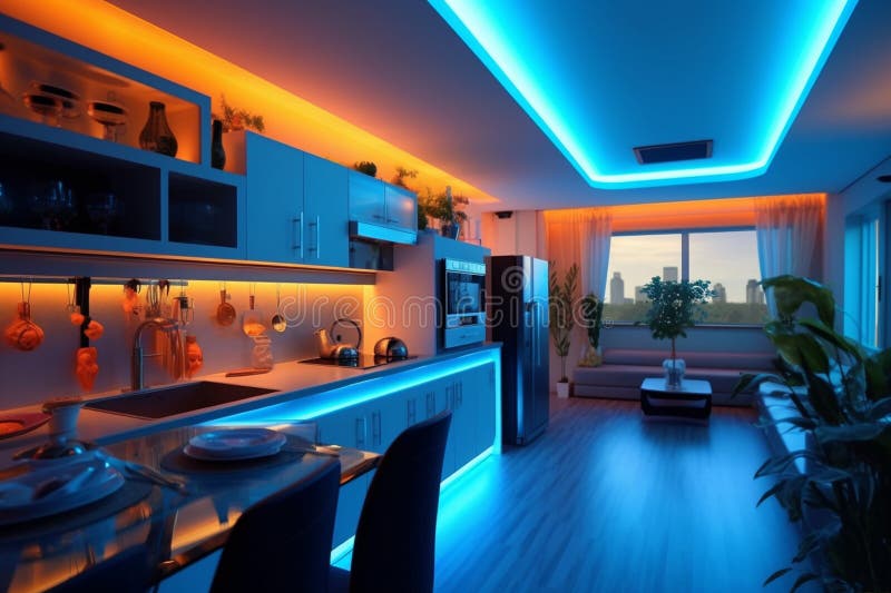 Interior of Modern Kitchen with Blue Glowing Lights. 3d Rendering Stock ...