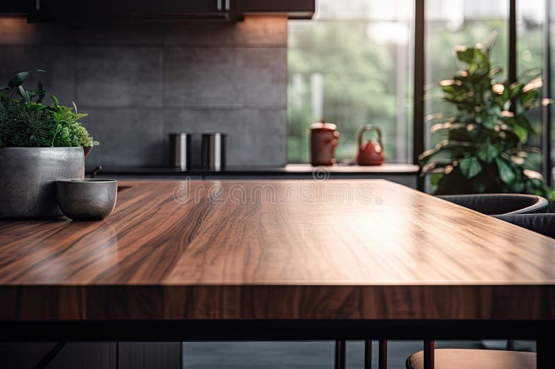 Interior of Modern Kitchen with Dark Wooden Table and Black Countertops ...