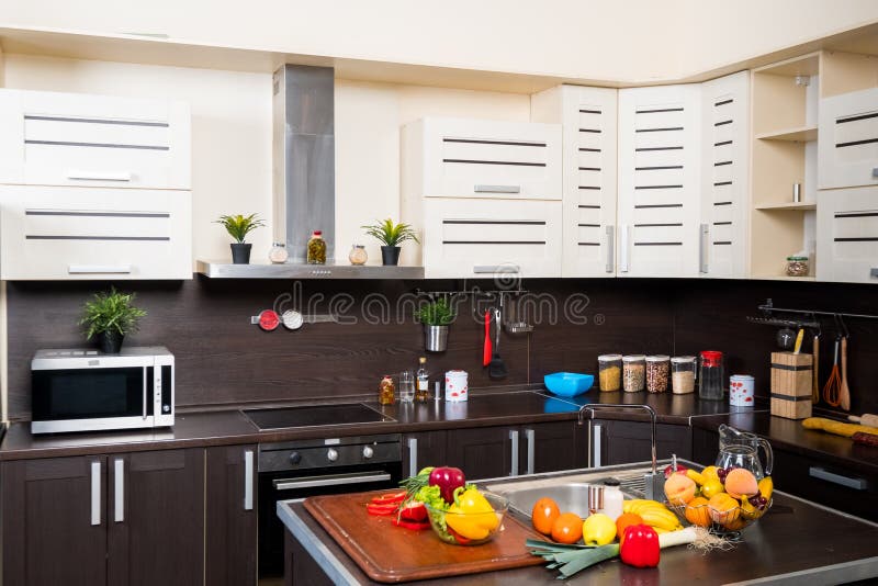 Interior of Modern Kitchen with Fruits and Vegetables Stock Photo ...