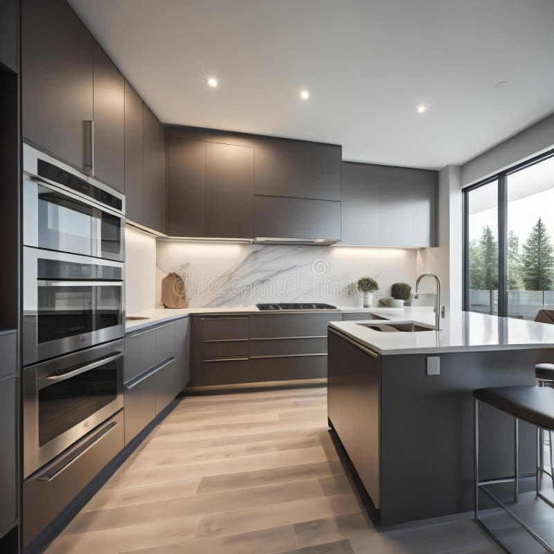 Interior of Modern Kitchen with Grey and White Walls, Wooden Floor. Ai ...