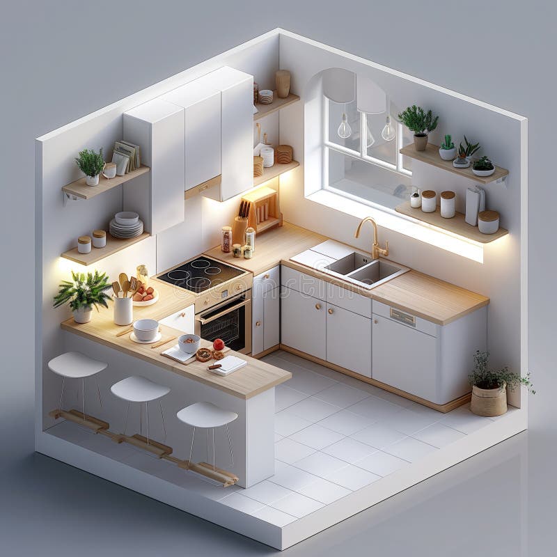 Interior of Modern Kitchen in Isometric View. 3D Rendering Stock ...