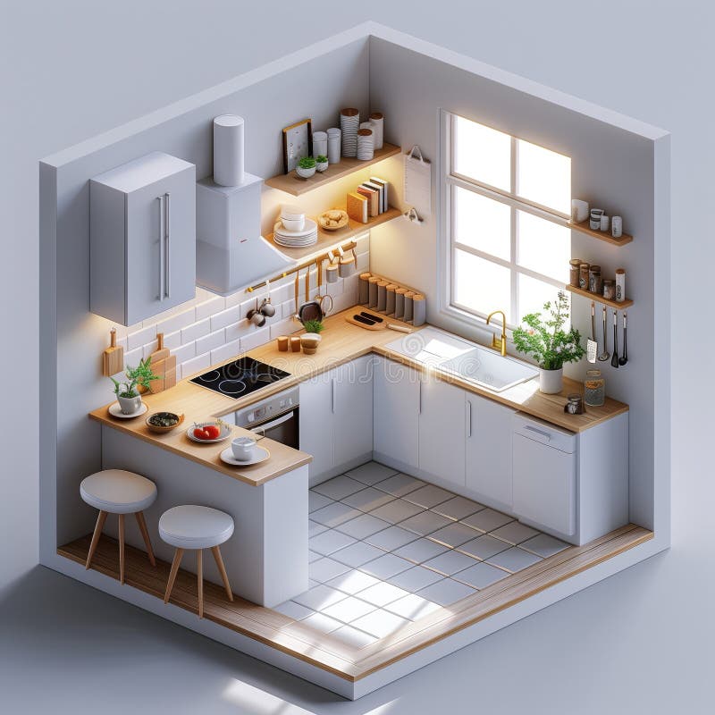 Interior of Modern Kitchen in Isometric View. 3D Rendering Stock ...