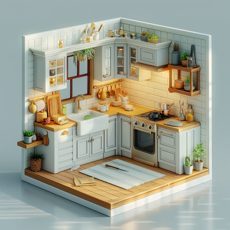 Interior of Modern Kitchen in Isometric View. 3D Rendering Stock ...