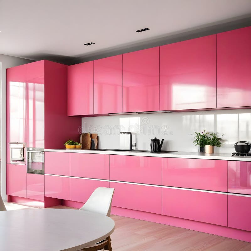 Interior of a Modern Kitchen with Pink Cabinets Stock Illustration ...