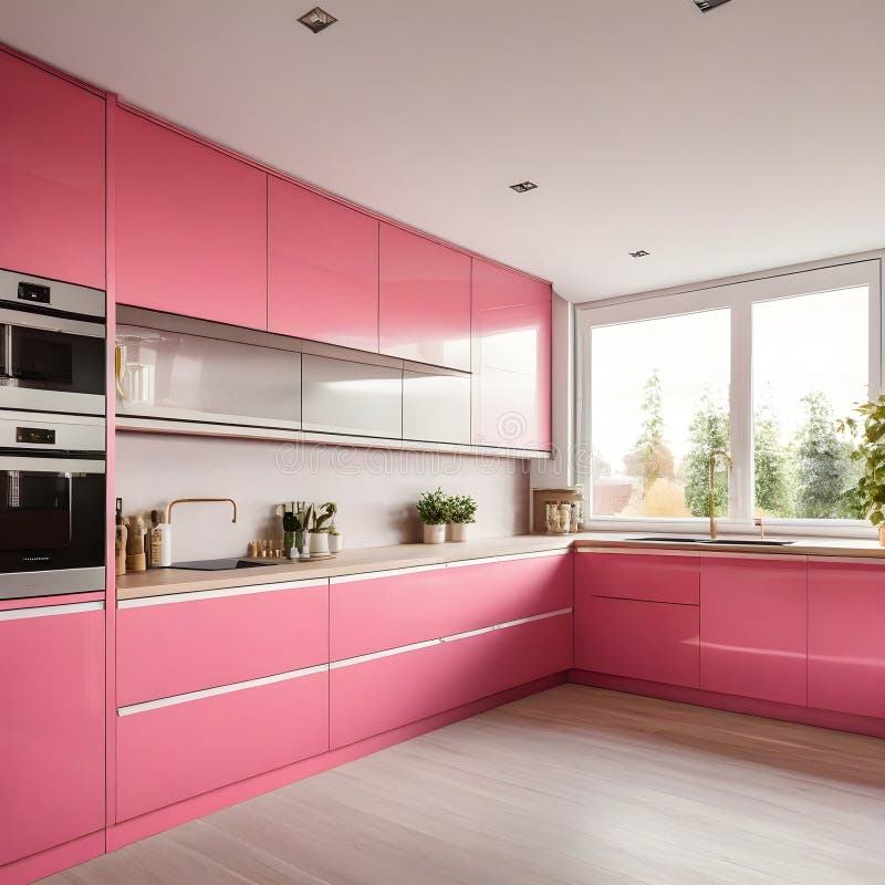 Interior of a Modern Kitchen with Pink Cabinets Stock Illustration ...