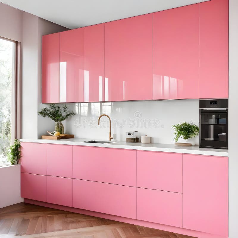 Interior of a Modern Kitchen with Pink Cabinets Stock Illustration ...