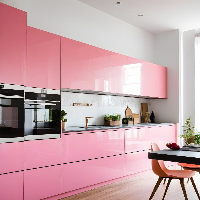 Interior of a Modern Kitchen with Pink Cabinets Stock Illustration ...