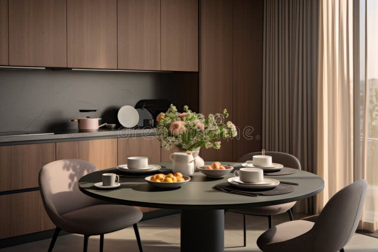 Interior of a Modern Kitchen with a Round Table Set for Breakfast Stock ...