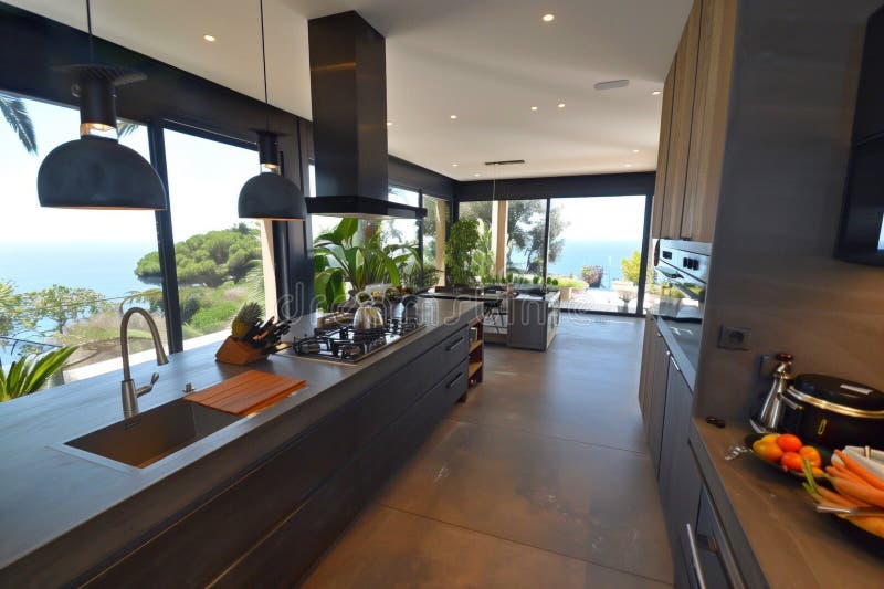 Interior of a Modern Kitchen with Sea Views Stock Image - Image of ...
