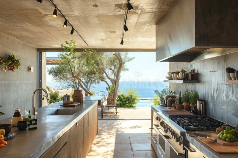 Interior of a Modern Kitchen with Sea Views Stock Image - Image of home ...
