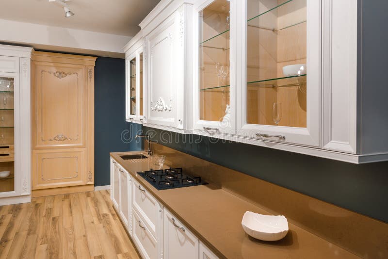 Interior of Modern Kitchen with Stylish Design and Stove on Counter ...