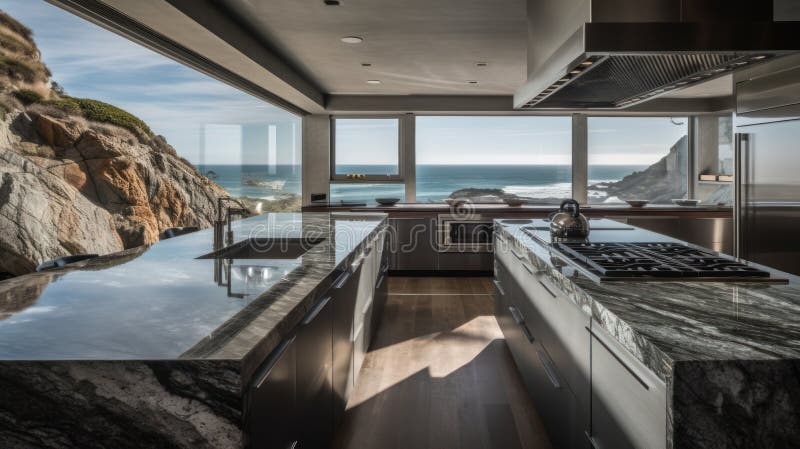 Interior of a Modern Kitchen with a View of the Sea. Nobody Inside ...