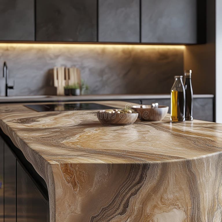 Interior of Modern Kitchen with Wooden Table and Countertop. 3d Render ...