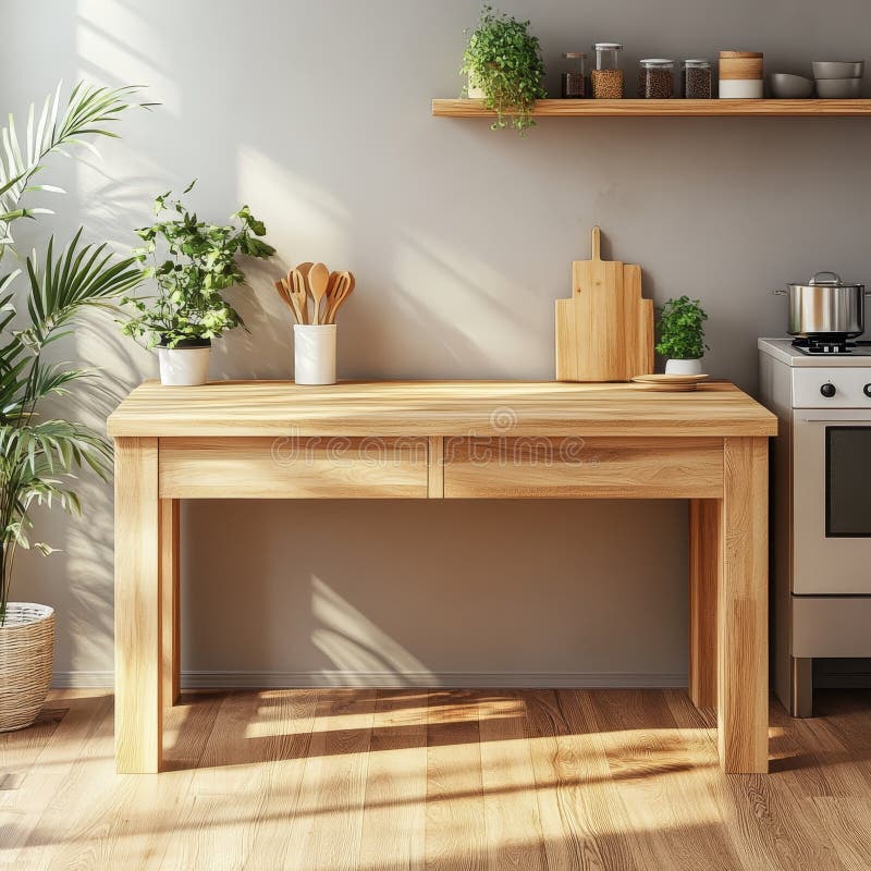 Interior of Modern Kitchen with Wooden Table and Shelf, 3d Render Stock ...
