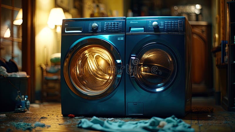 Interior of Laundry Room with Washing Machines and Dirty Clothes Stock ...