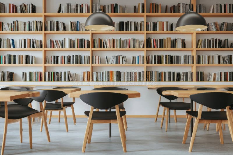 Interior of Modern Library with Bookshelf, Desk, and Stool Stock ...