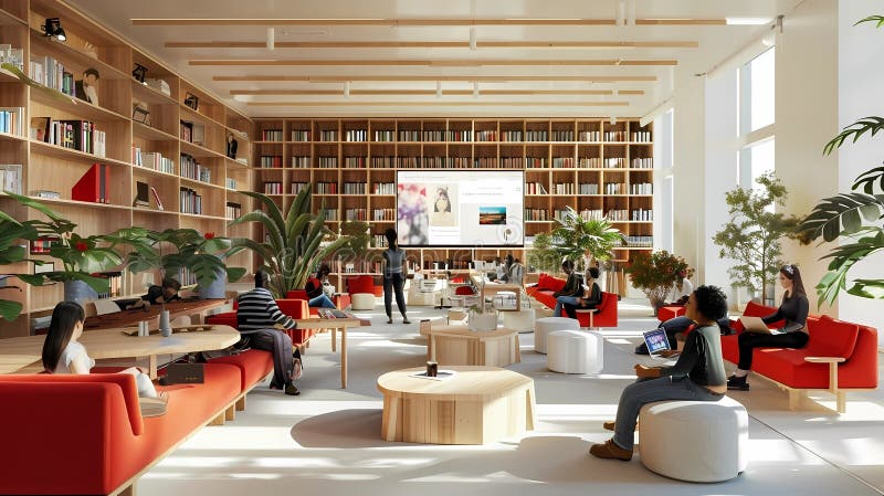 Interior of Modern Library with Bookshelf and People 3d Rendering ...