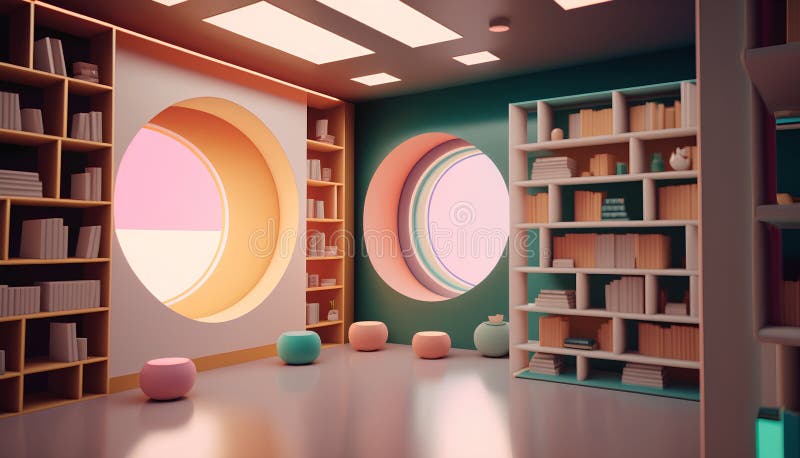 Interior of Modern Library with Bookshelf and Round Shelves. 3d Render ...