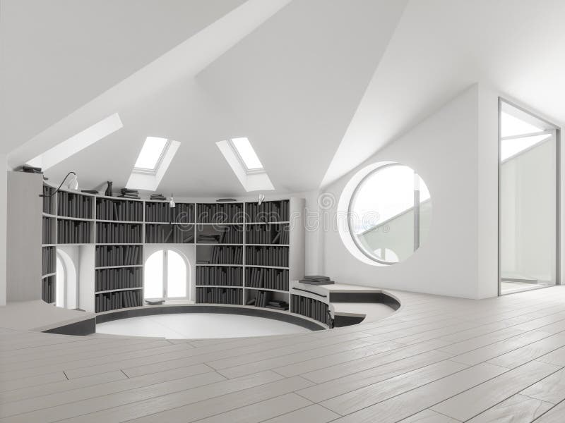 Modern Library with Minimalist Design and Open Floor Plan, Filled with ...