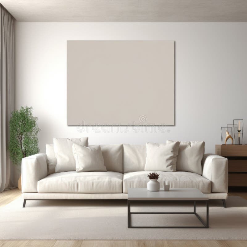 Interior of Modern Living Room with Beige Sofa and Big Mock Up Poster ...