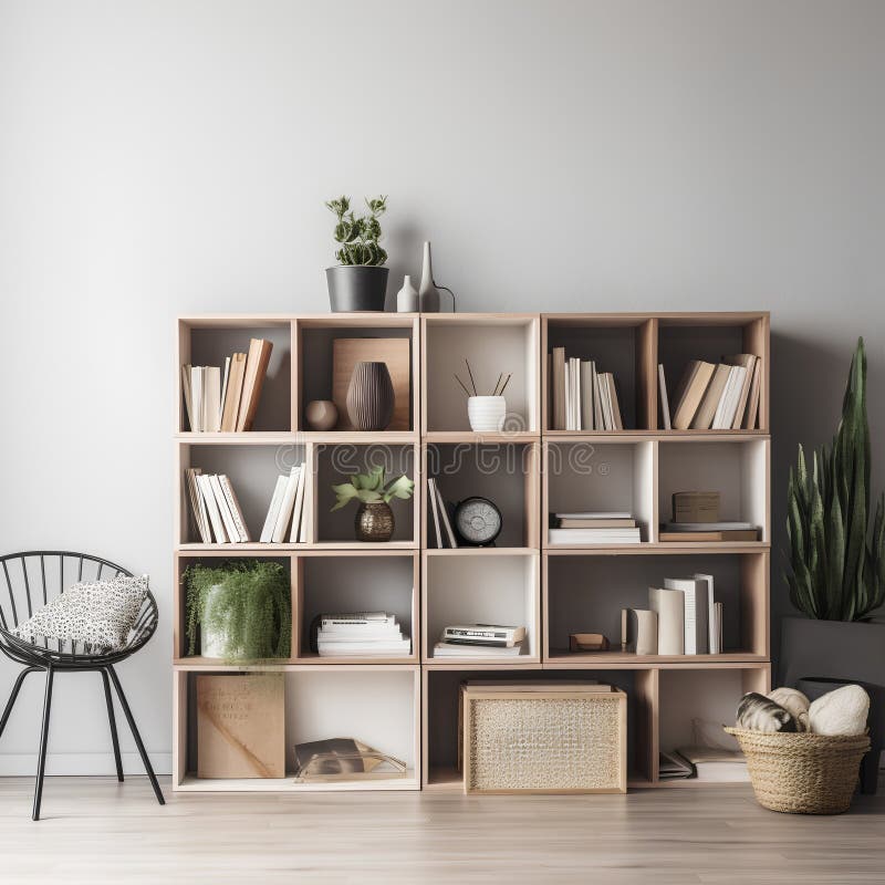 Interior of Modern Living Room with Bookshelf. 3d Render Stock ...