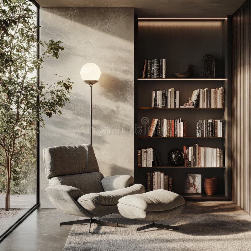 Interior of Modern Living Room with Bookshelf. 3d Render Stock ...