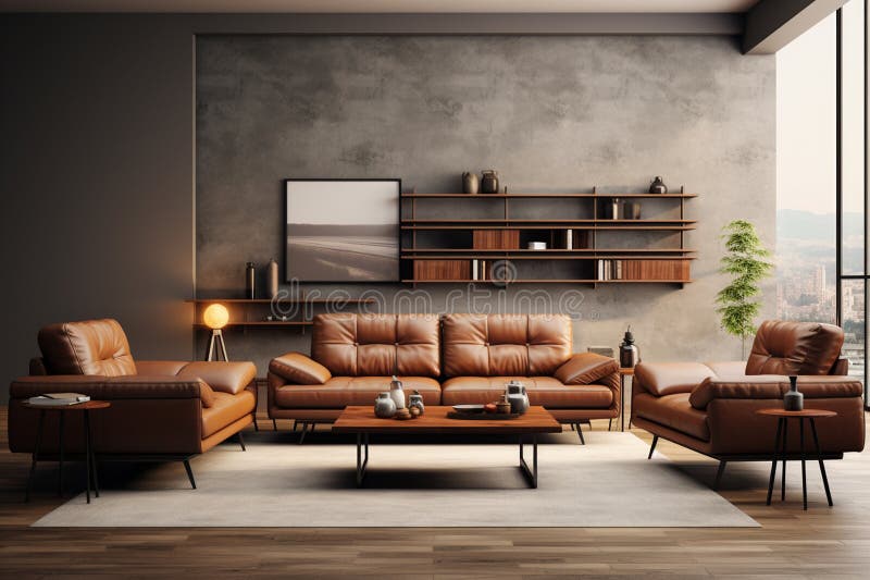 Interior of Modern Living Room with Brown Leather Sofa 3D Rendering ...