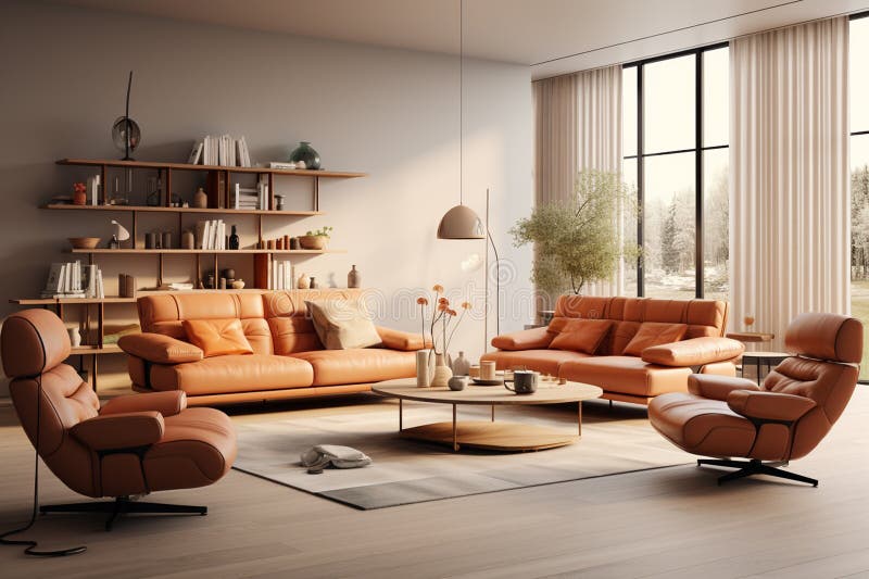 Interior of Modern Living Room with Brown Leather Sofa 3D Rendering ...