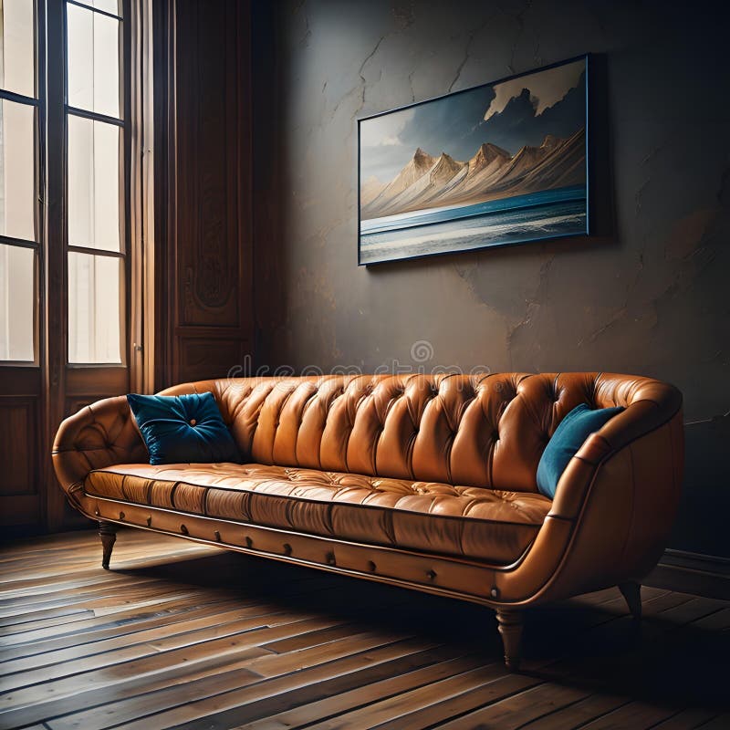 Interior of Modern Living Room with Brown Leather Sofa, Generative Ai ...