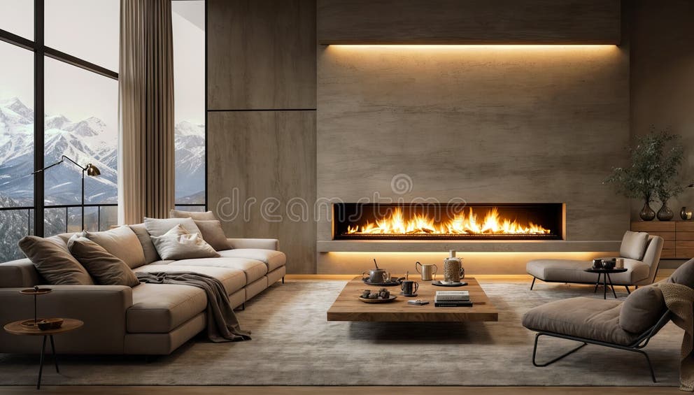 Interior of Modern Living Room with Fireplace - 3D Rendering Stock ...