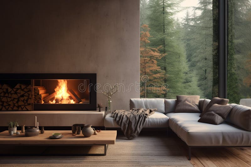 Interior of Modern Living Room with Fireplace and Sofa 3D Rendering. Ia ...