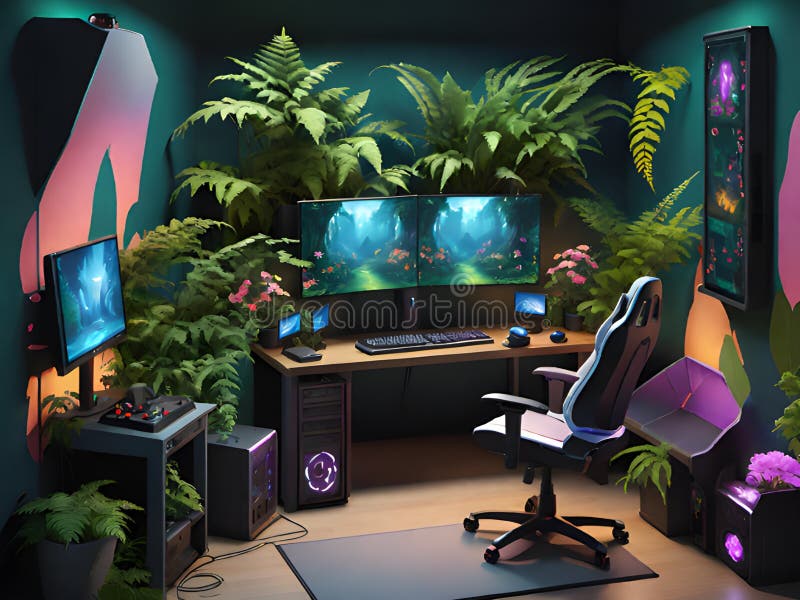 Interior of Modern Living Room with Green Plants and Computer Stock ...