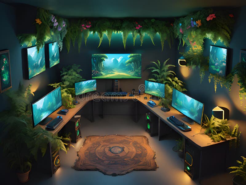 Interior of Modern Living Room with Green Plants and Computer Stock ...