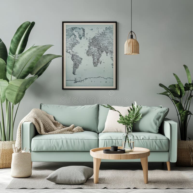 Interior of Modern Living Room with Green Sofa, Coffee Table, Plants ...