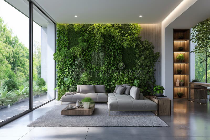 Interior of Modern Living Room with Green Wall, 3d Render Stock ...