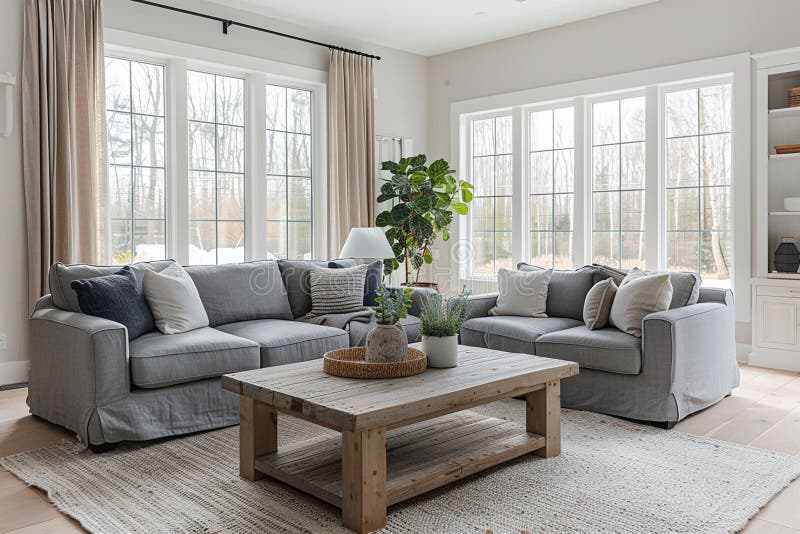 Interior of Modern Living Room with Grey Sofas and Large Window Stock ...