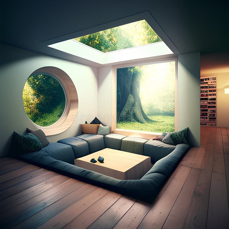 Interior of a Modern Living Room with a Large Window. 3d Rendering ...