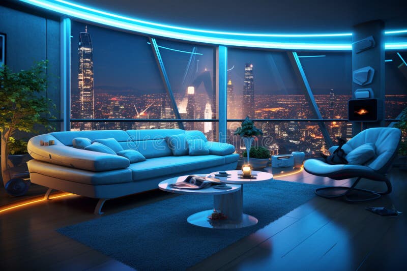 Interior of Modern Living Room with Night City View 3D Rendering Stock ...