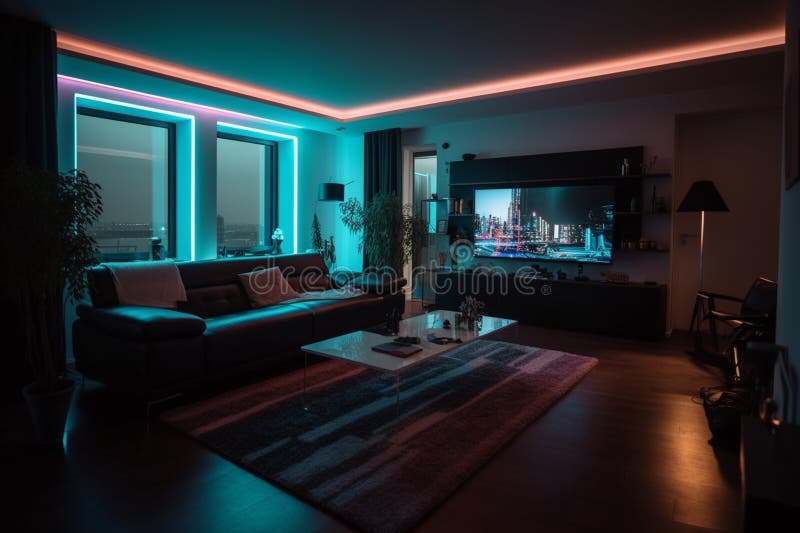 Interior of Modern Living Room at Night. 3D Rendering Stock ...