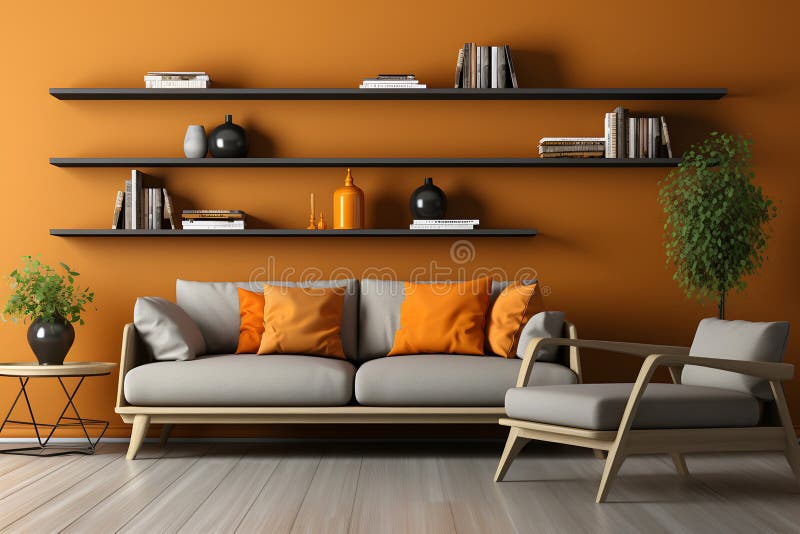 Interior of Modern Living Room with Orange Wall, 3d Render. Ia ...
